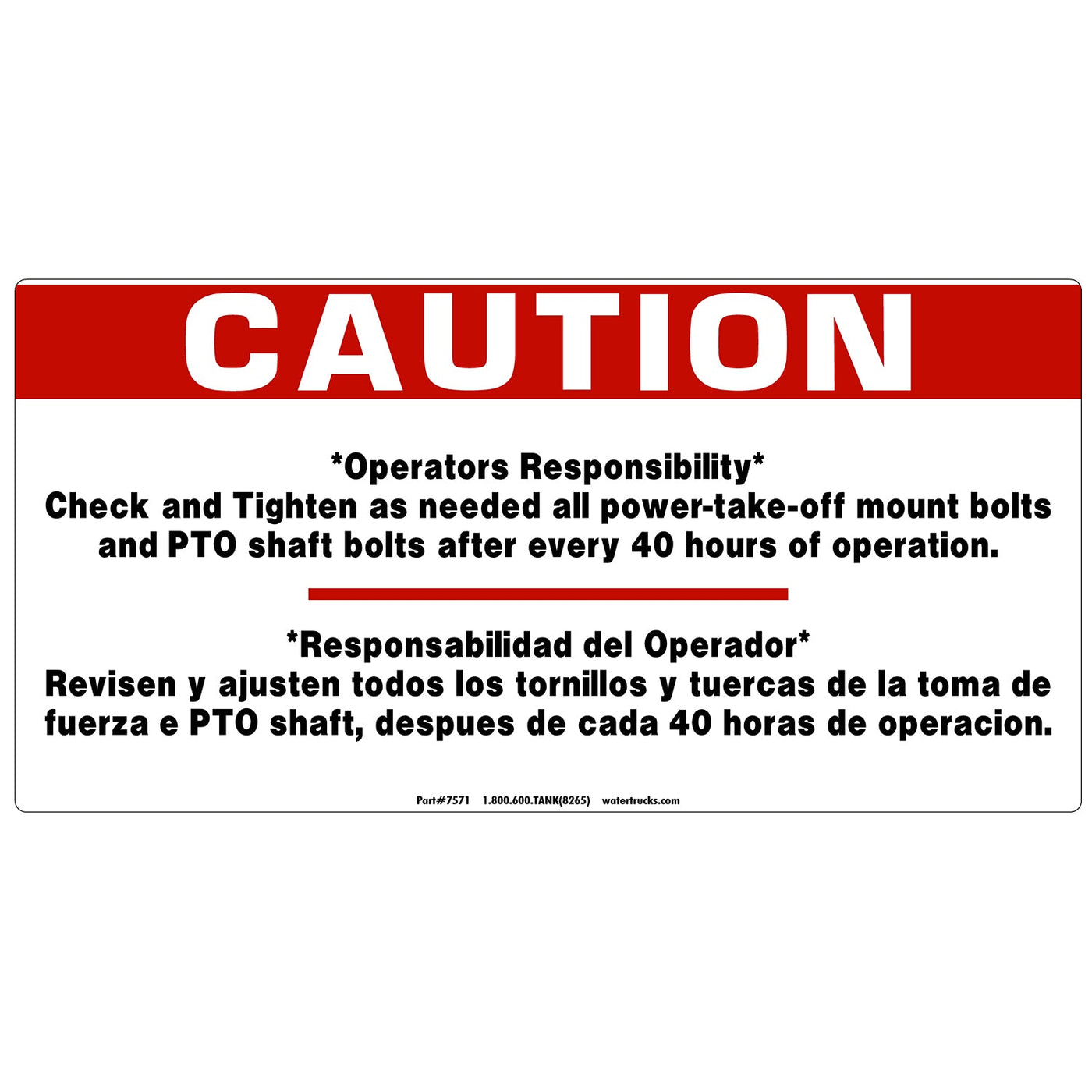 Decal Caution, PTO Bolt, 6" Height x 12" Width, UnitedBuilt ...